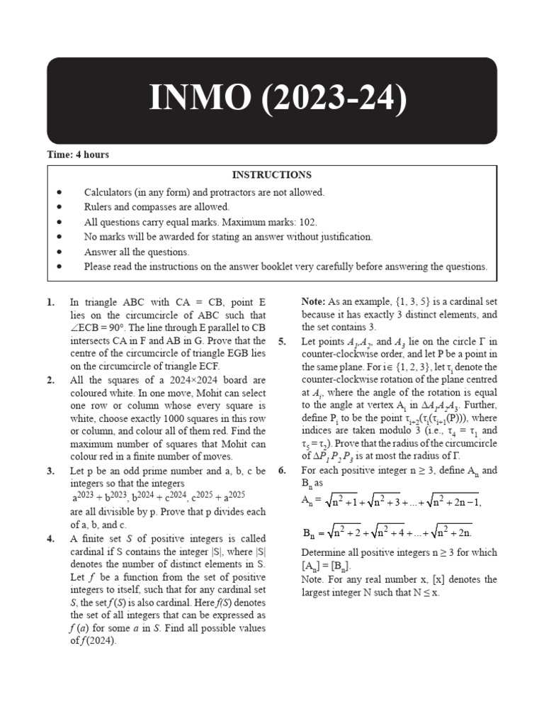 INMO 2023-2024 Final | PDF | Triangle | Geometry