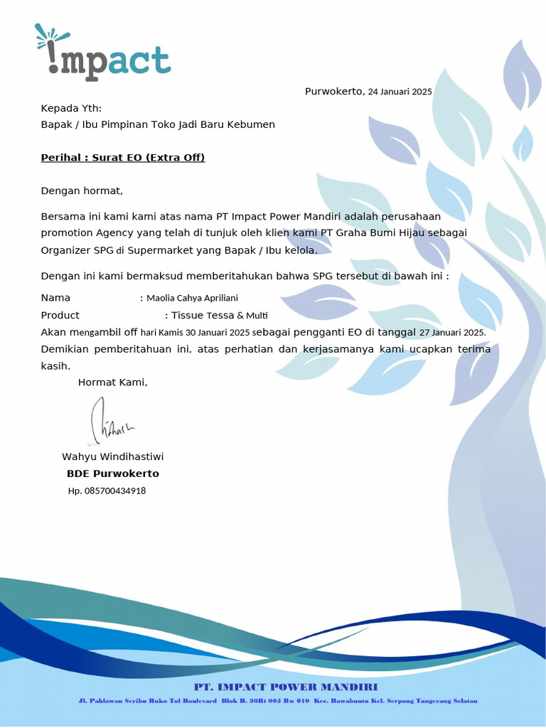 Surat Izin Extra Off SPG Tessa | PDF