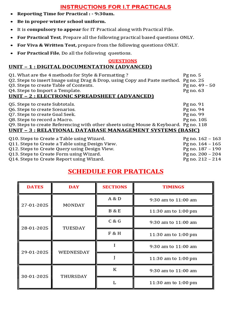 10 Practical Timings, Questions & Instructions (24-25) | PDF ...