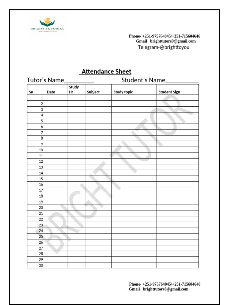 Tutor Attendance Sheet Template | PDF