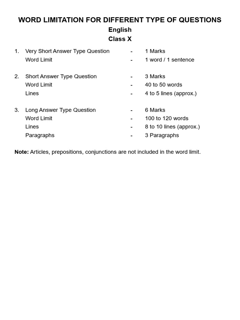 Word Limits for Class X Questions | PDF
