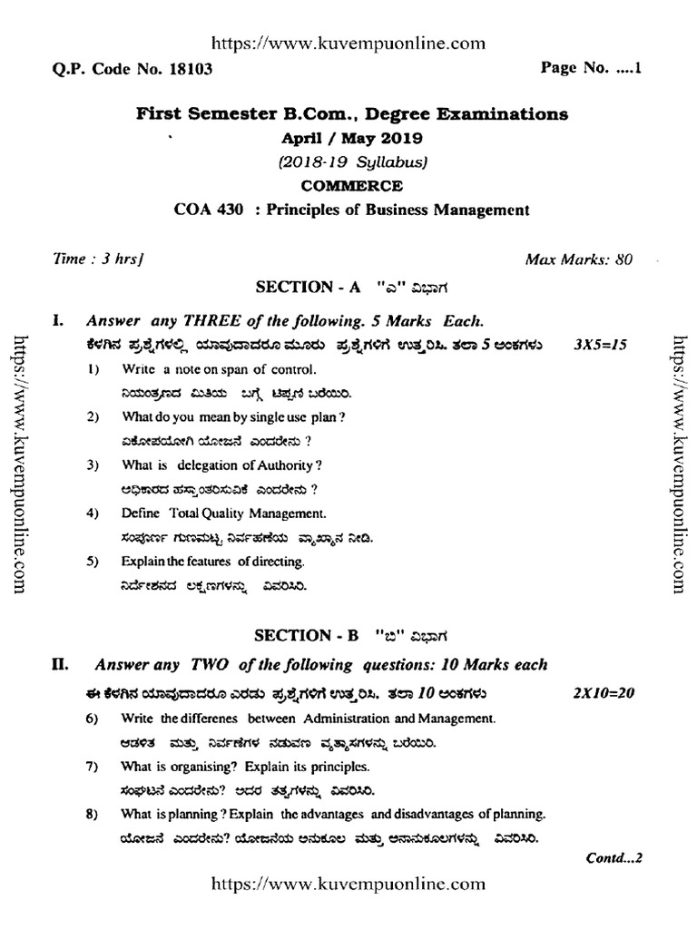 Bcom 1 Sem Commerce Principles of Business Management 18103 May 2019 | PDF
