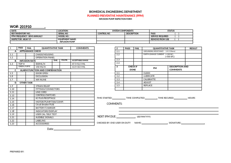 Infusion Pump PPM Inspection Form | PDF