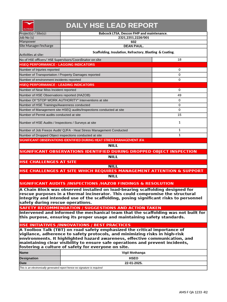 Daily Hse Lead Report - Jan 22 | PDF | Safety | Occupational Safety And ...