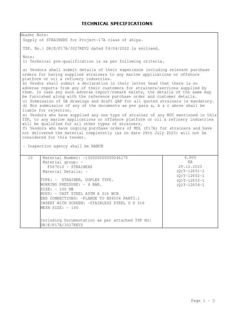 Strainer Supply Specifications for Ships | PDF
