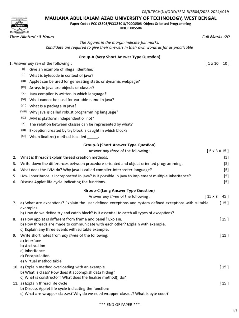 Btech Cse 5 Sem Object Oriented Programming PCC cs503 2024 | PDF | Java ... Btech Cse 5 Sem Object Oriented Programming PCC cs503 2024 | PDF | Java ...