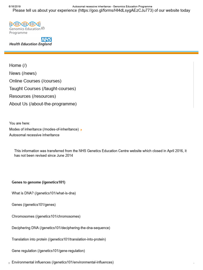Autosomal Recessive Inheritance Genomics Education Programme Pdf