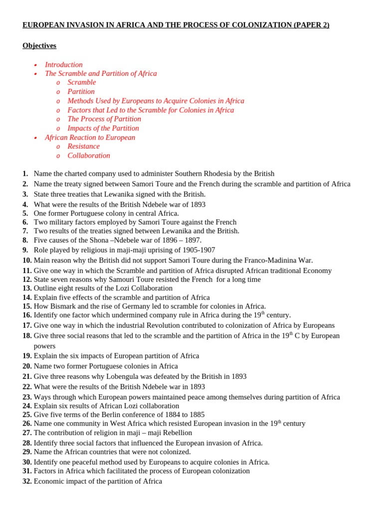 1. EUROPEAN INVASION IN AFRICA AND THE PROCESS OF COLONIZATION | PDF ...