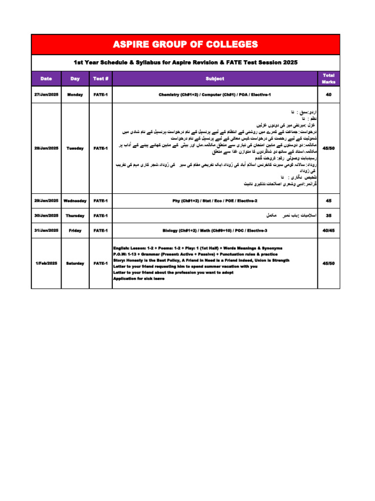 1st Year Schedule & Syllabus For Aspire Revision & FATE Test Session ...