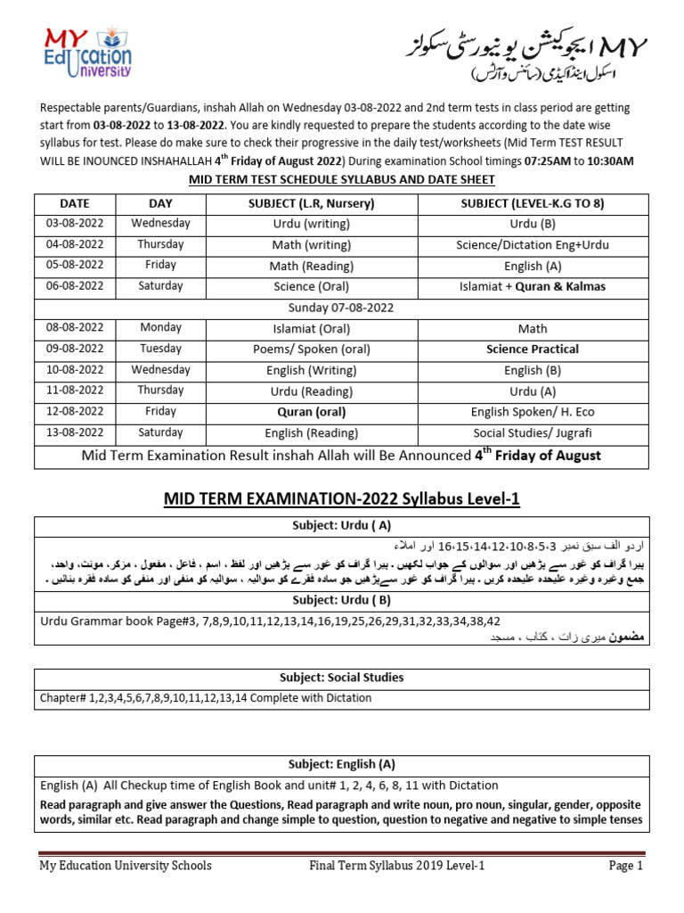 Syllabus Level-1Mid Term 2022 Examination | PDF | Syntax | Grammar