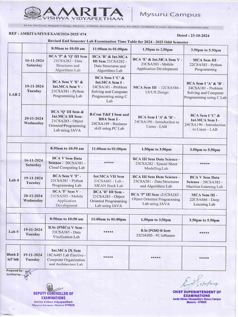 Revised Lab End Semester Exam Timetable | PDF