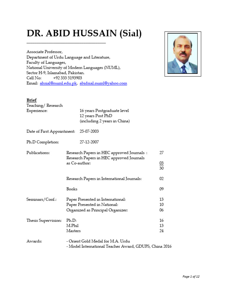 Dr. Abid Hussain's Academic Profile | PDF
