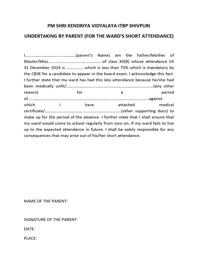 Undertaking by Parent For Short Attendance | PDF