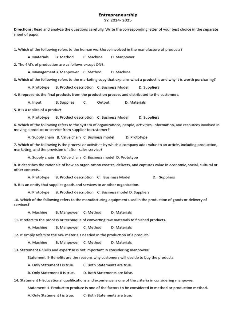 ENTREP Q2 Sample Questions | PDF | Marketing | Receipt