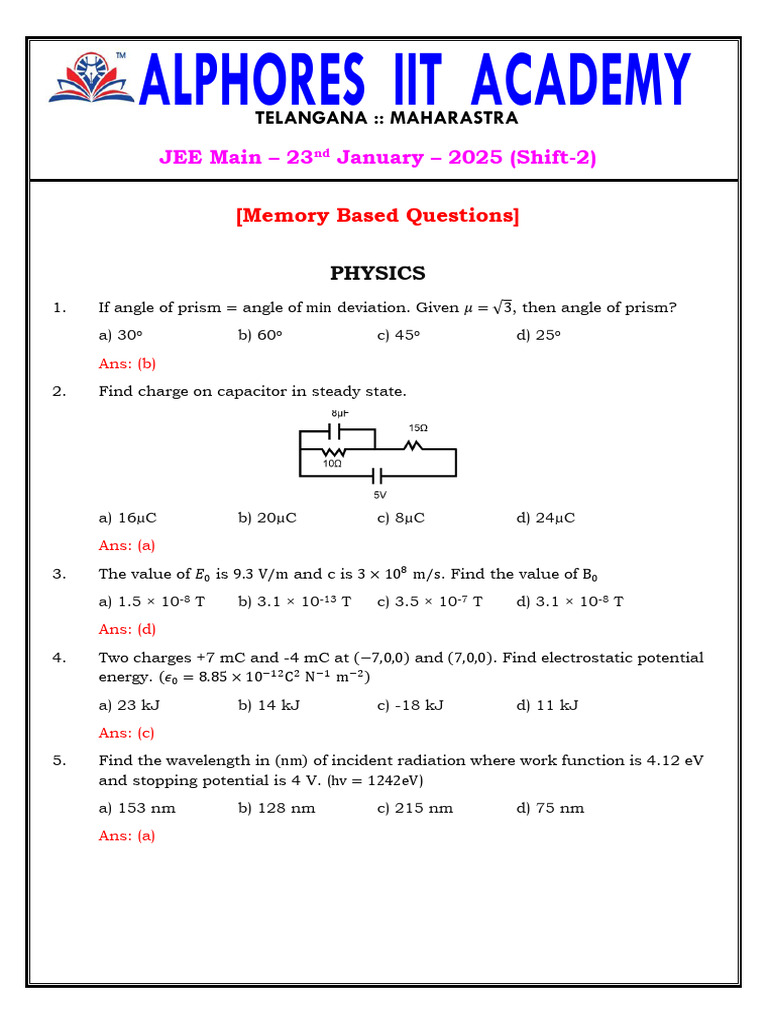 JEE Main - Shift 02 - 23 01 2025 - Q.P 1 | PDF | Kinetic Energy | Nickel