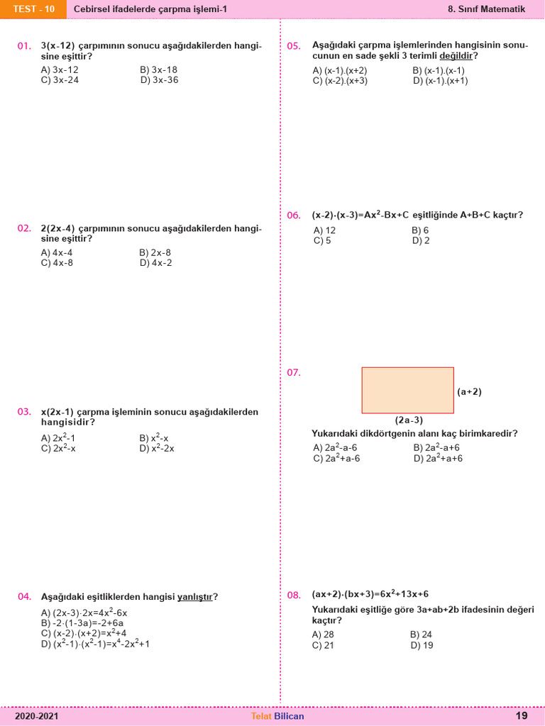 b3 Test 10 Cebirsel Ifadelerde Carpma 1 | PDF