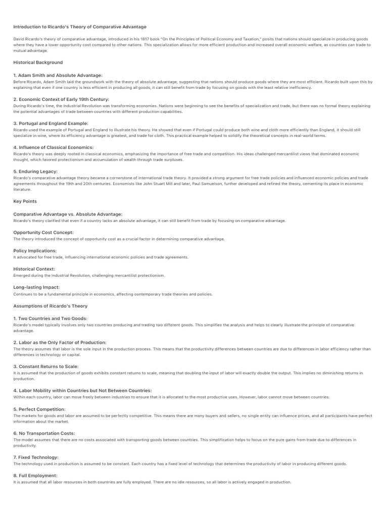 RICARDO THEORY notes | PDF | Comparative Advantage | Economics