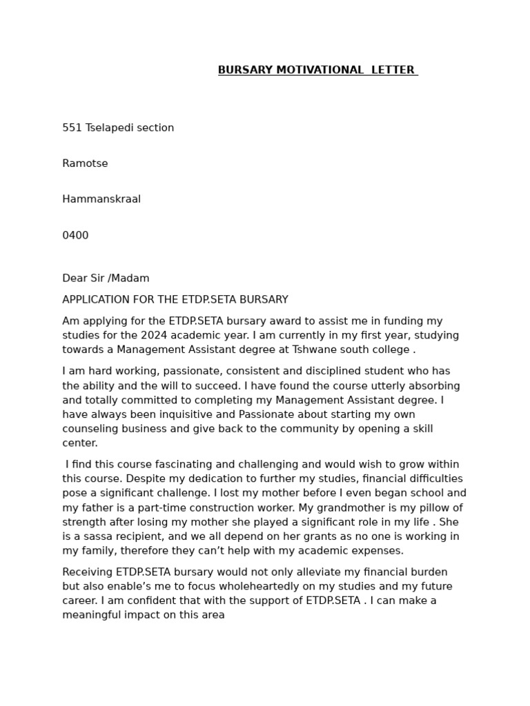 ETDP.SETA Bursary Application Letter | PDF