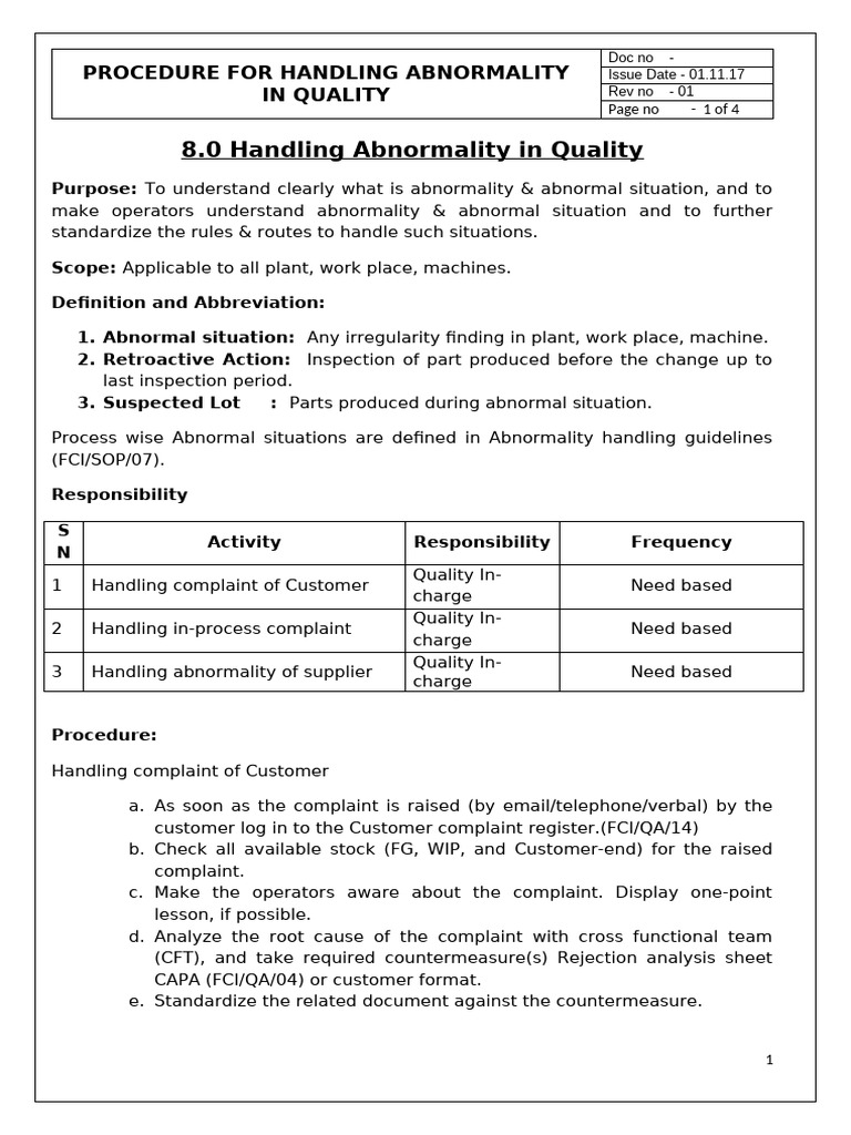 Abnormality Handling Procedure in Quality | PDF