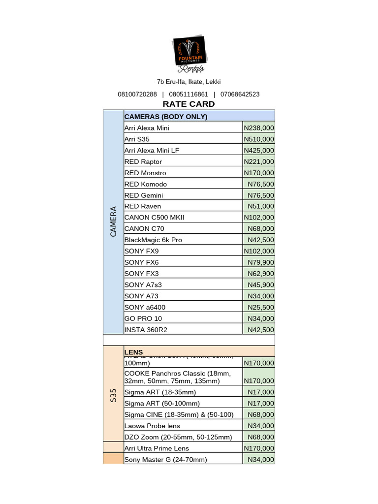 RATE CARD | PDF | Filmmaking | Photography Equipment