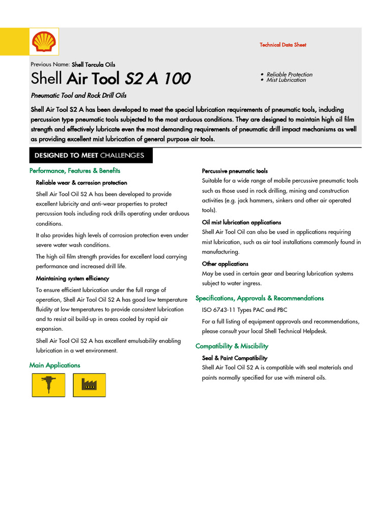 Shell Air Tool Oil S2 A 100 Overview | PDF | Drill | Viscosity
