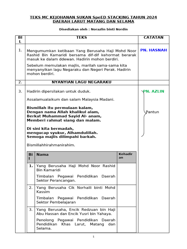 Teks MC Cup Stacking Daerah | PDF