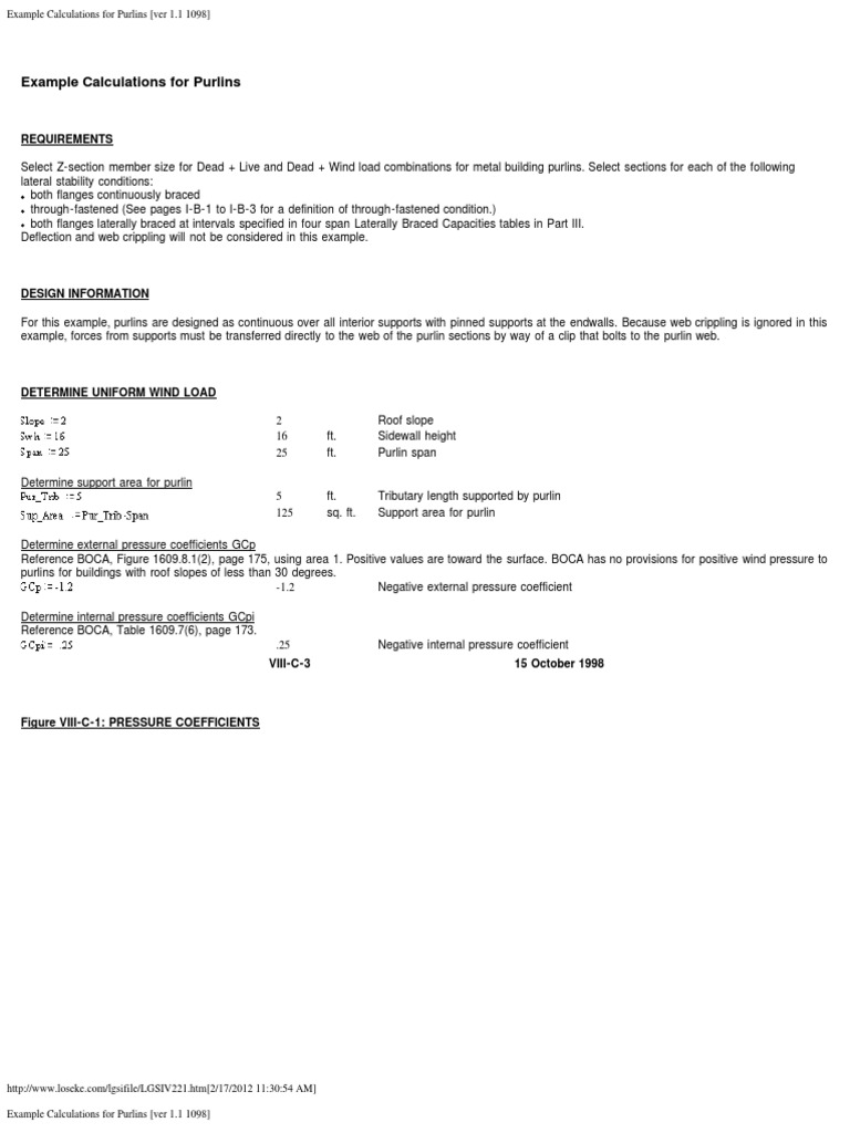 Example Calculations For Purlins (Ver 1.1 1098) | PDF | Civil ...