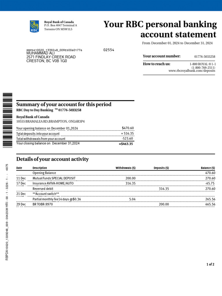 Canada Bank Statement | PDF | Banks | Banking