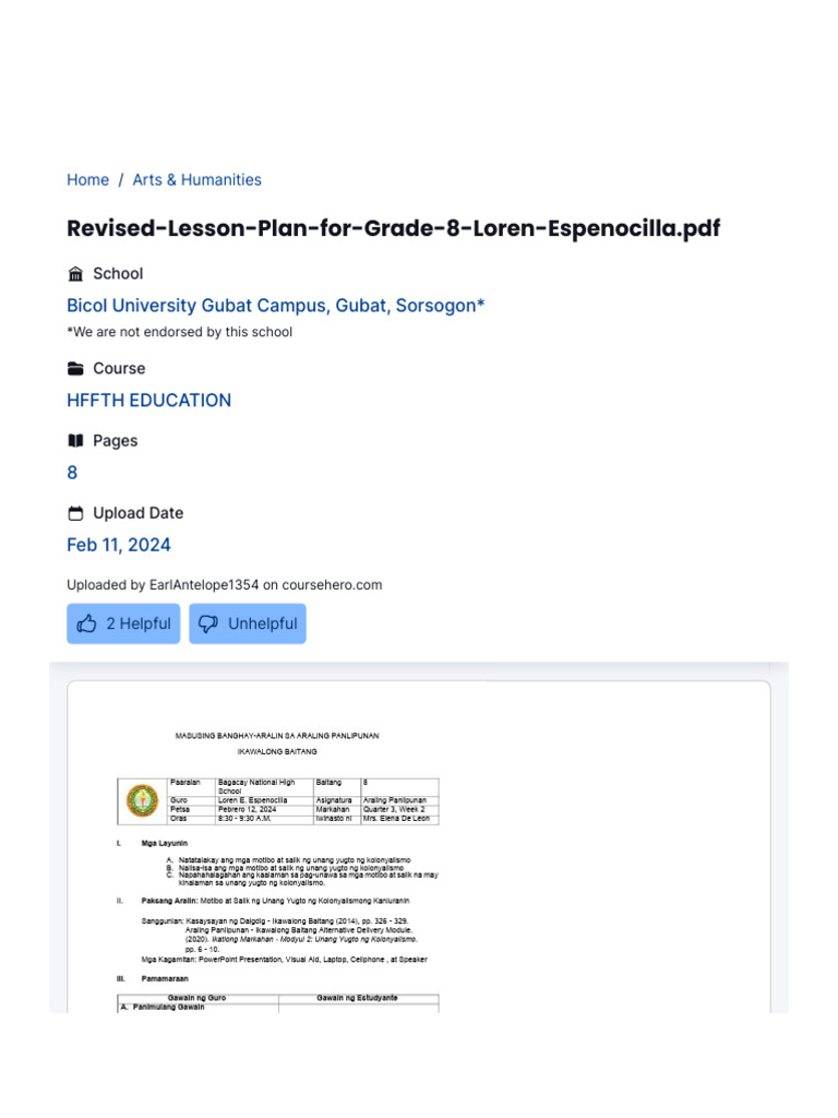 Revised-Lesson-Plan-for-Grade-8-Loren-Espenocilla - PDF: Bicol University Gubat Campus, Gubat ...