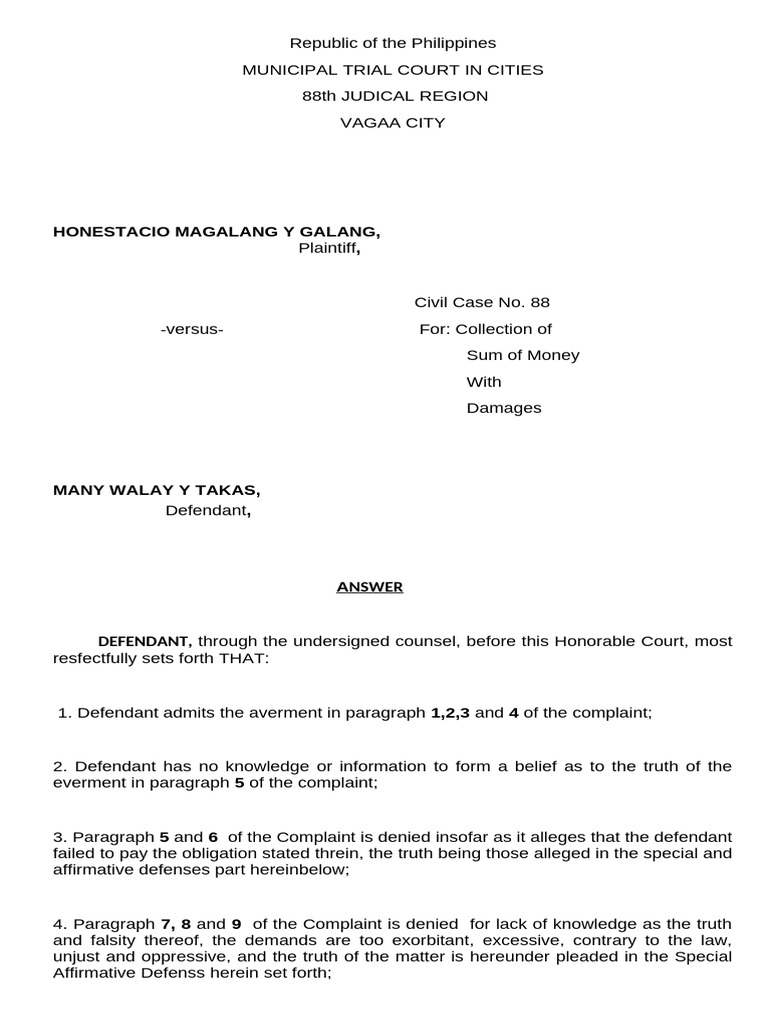ANSWER CIVIL CASE correctedASSIGNMENT | PDF | Lawsuit | Credit