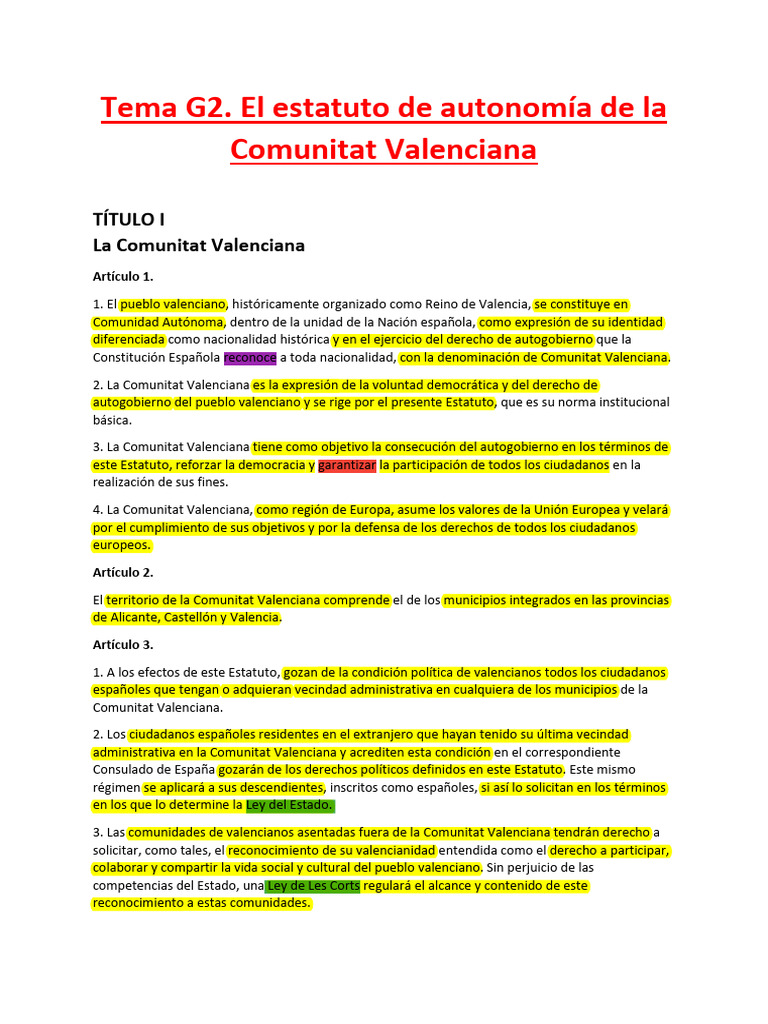 Tema G2-El Estatuto de Autonomía de La Comunitat Valenciana | PDF | Gobierno local | España
