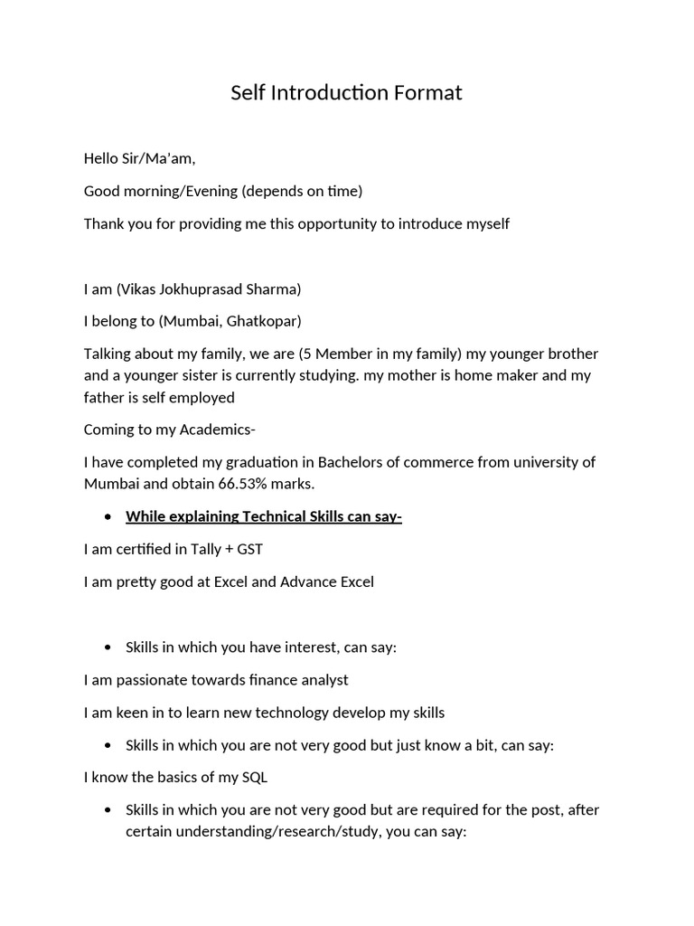 Self Introduction Format by Skilledge | PDF