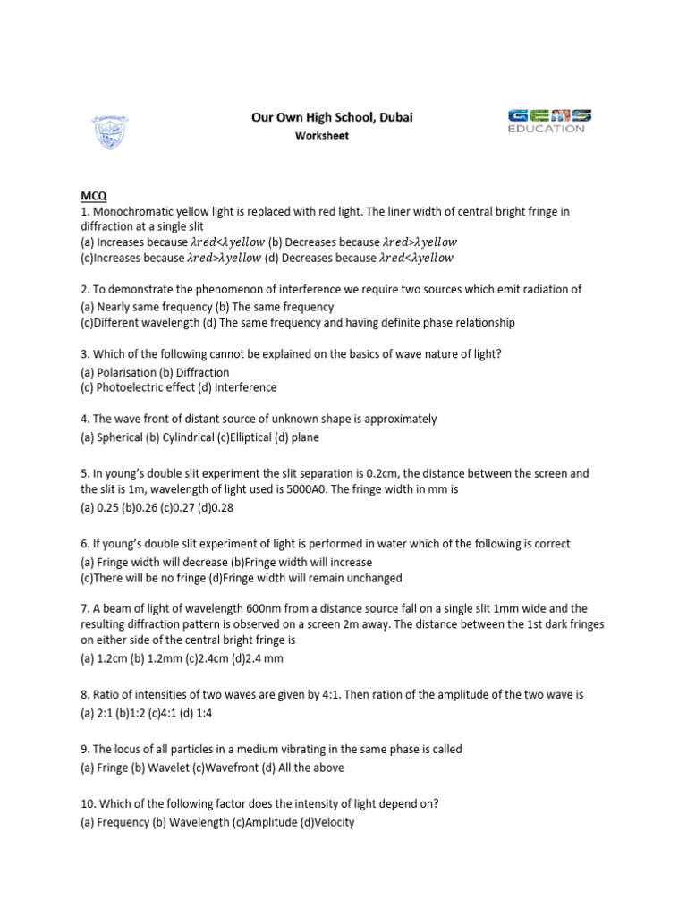 Wave Optics MCQs and Assertions Guide | PDF | Diffraction | Wavelength