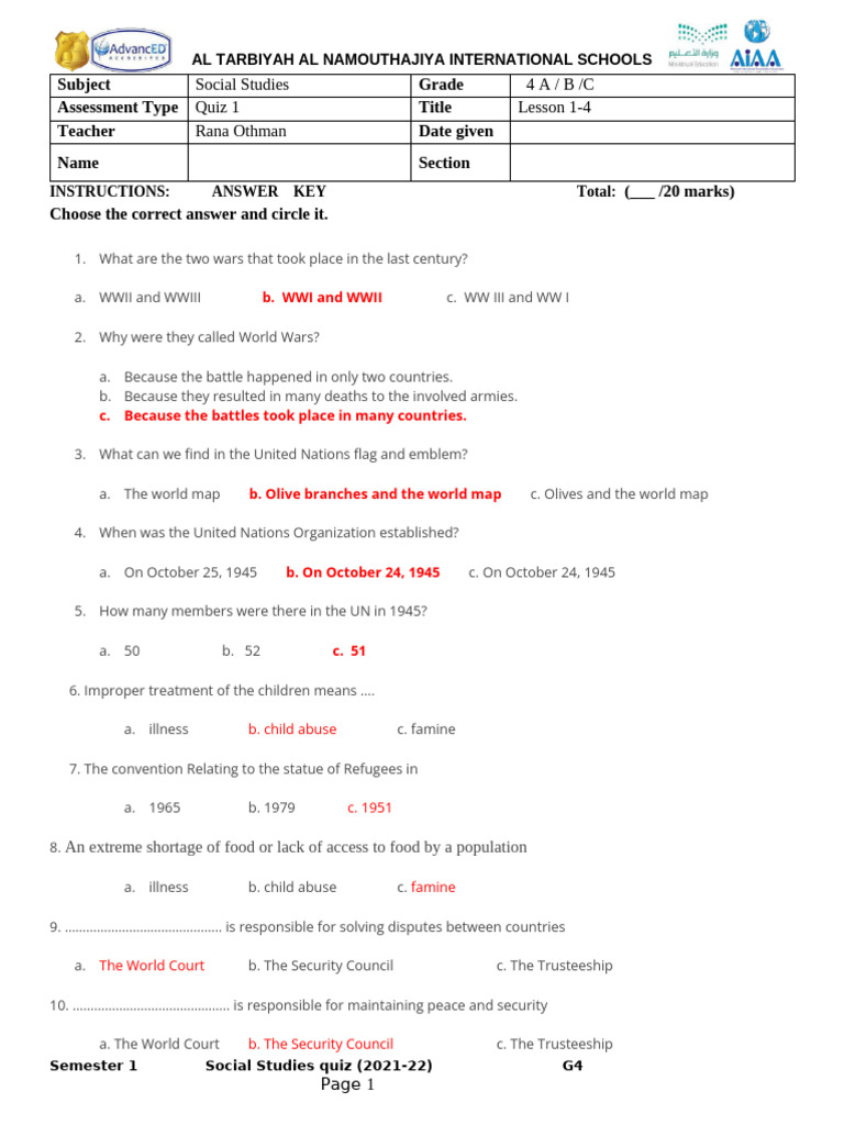 Quiz 1 United Nations - Social Studies Answer Key | PDF | Human Rights ...