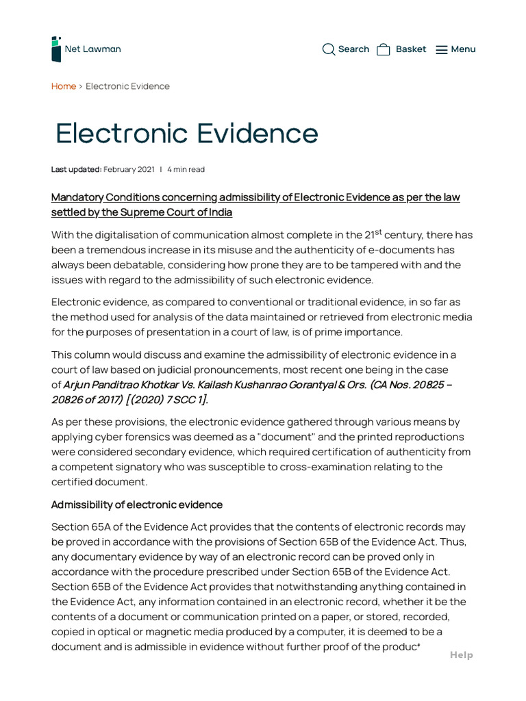 Admissibility of Electronic Evidence in India | PDF | Authentication ...