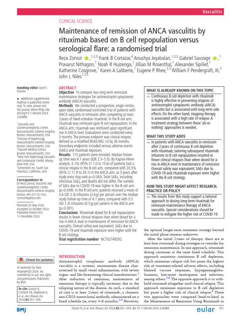2023.12.ARD. Maintenance of remission of ANCA vasculitis by rituximab based on B cell ...