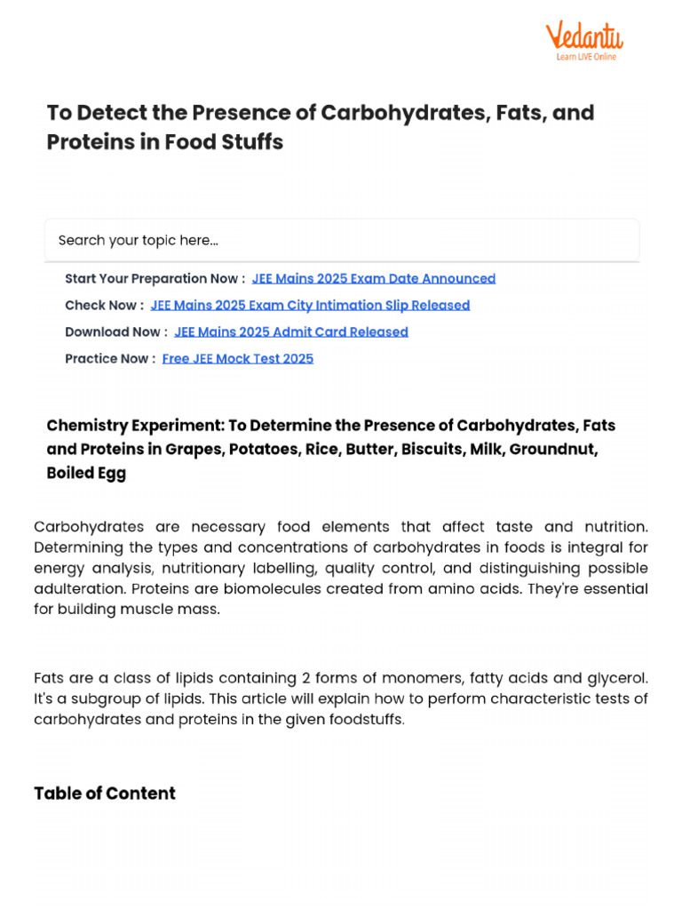 To Detect The Presence of Carbohydrates, Fats, and Proteins in Food ...