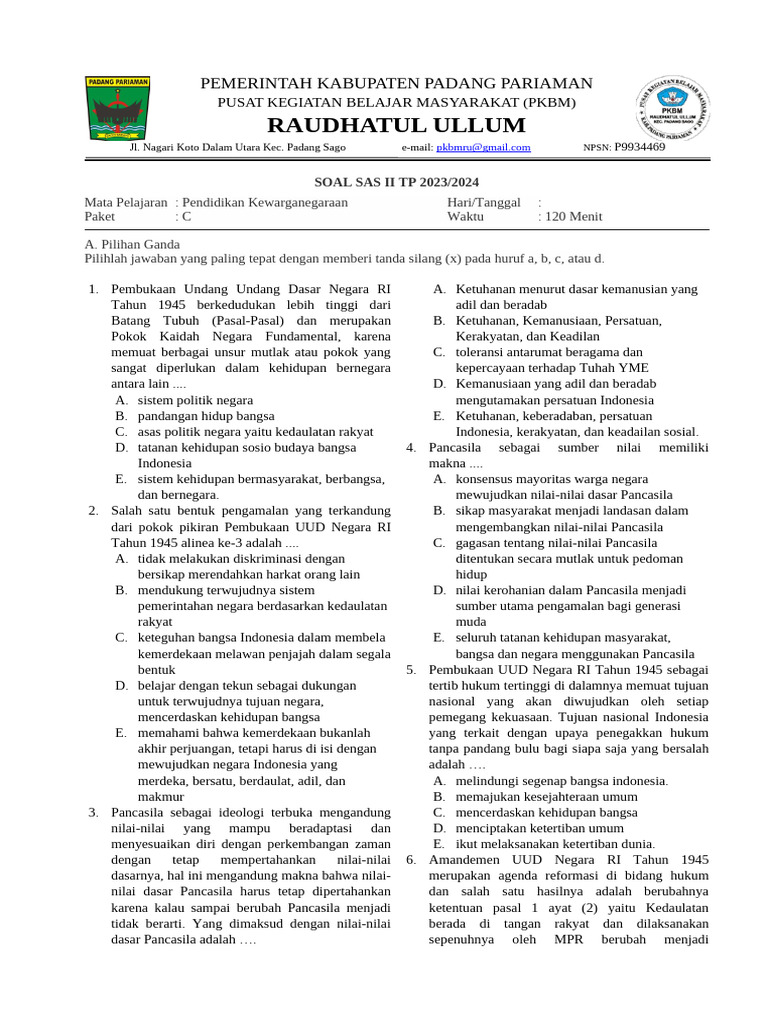 Soal PKN PKBM Mama C | PDF