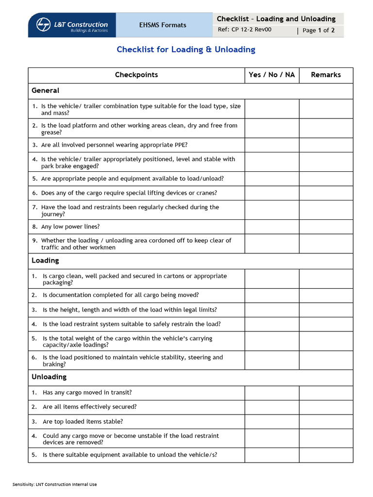 CP 12-2 Checklist - Loading and unloading | PDF | Cargo | Trailer (Vehicle)