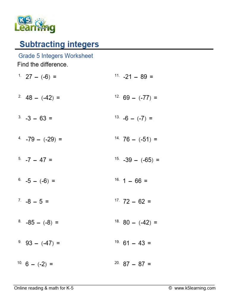 Grade 5 Integer Subtraction Worksheet | PDF