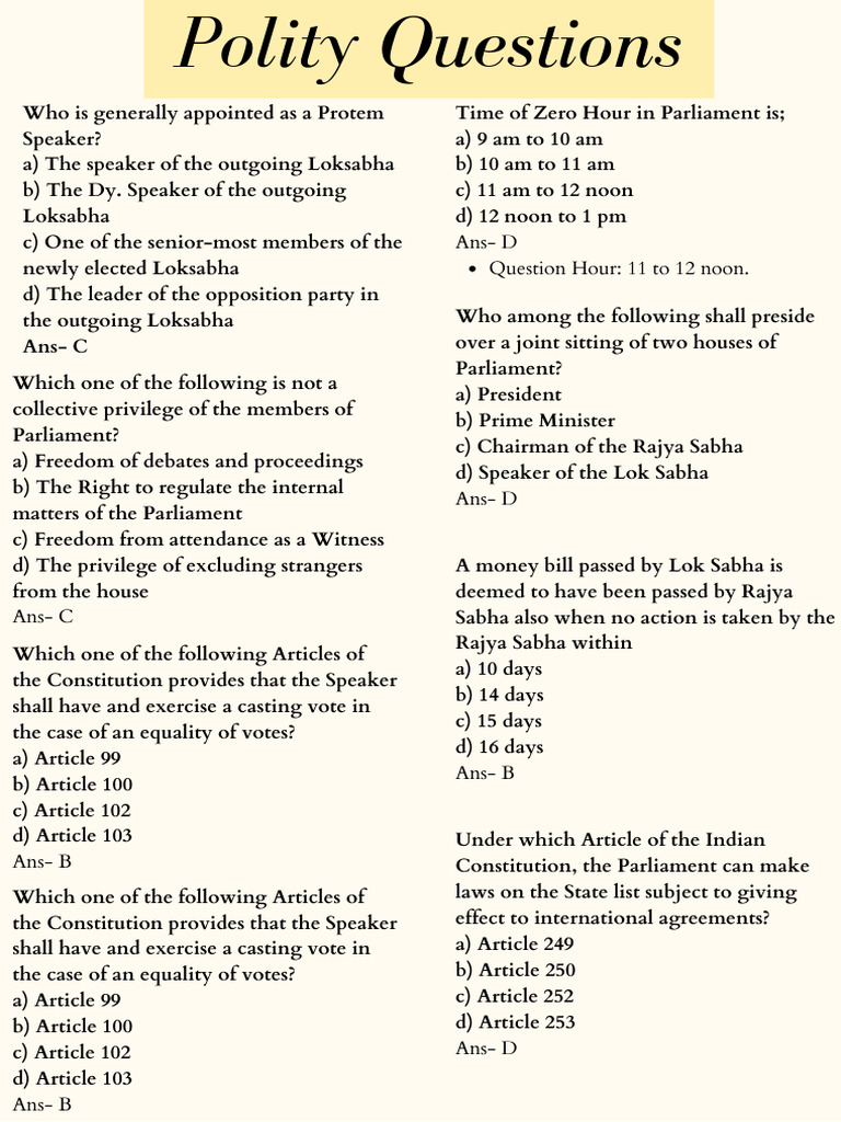 Indian Polity Exam Questions and Answers | PDF | Legal Documents ...