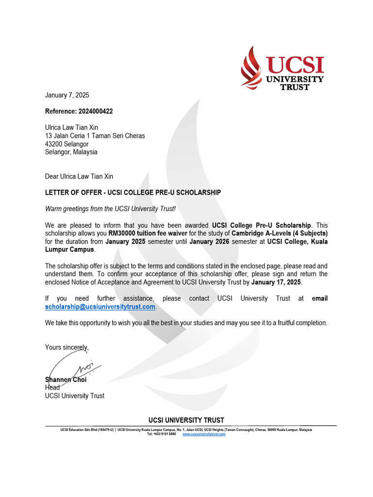 UCSI College Pre-U Scholarship Offer | PDF | Common Law | Private Law