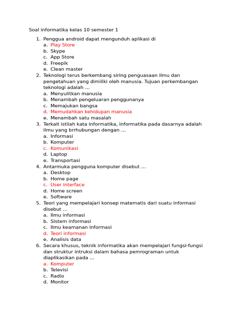 Soal Informatika Kelas 10 Semester 1 | PDF
