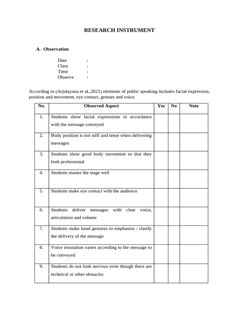 RESEARCH INSTRUMENT | PDF | Public Speaking | Gesture