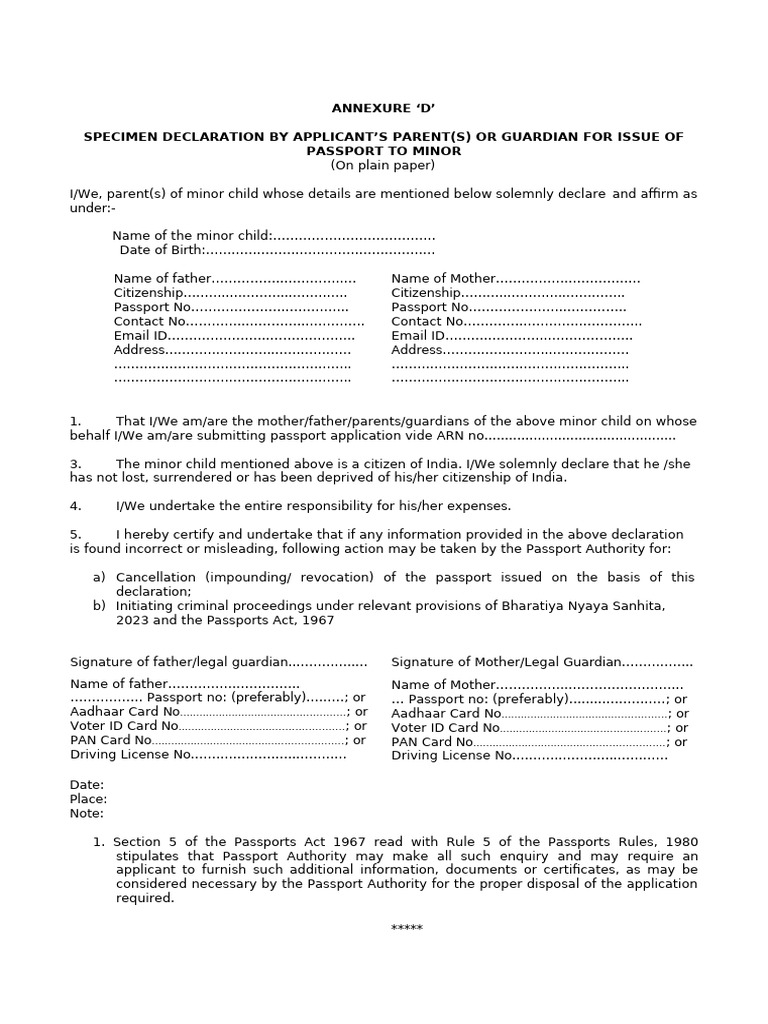 Parent Declaration for Minor Passport | PDF | Identity Document ...
