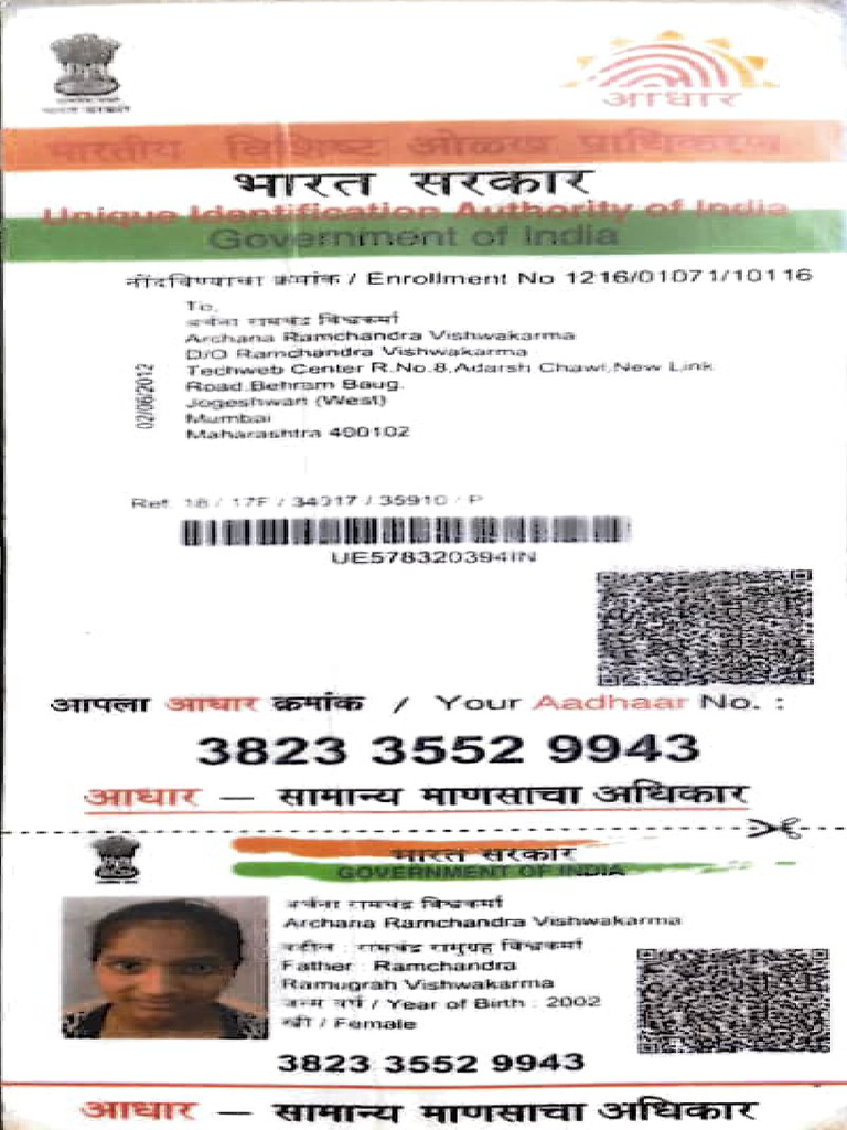 Aadhaar Card Details for Female 18-Year-Old | PDF