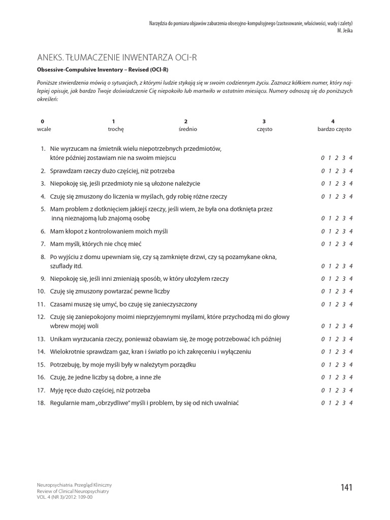 Oci-R Kwestionariusz Samoopisowy Do Badnia Ocd Dla Pacjenta | PDF
