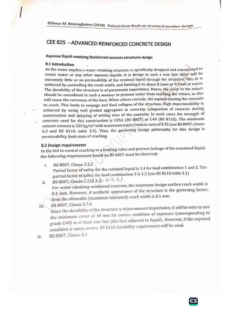 Aqueous Liquid Retaining Reinforced Concrete Structure Design (Ste518) | PDF