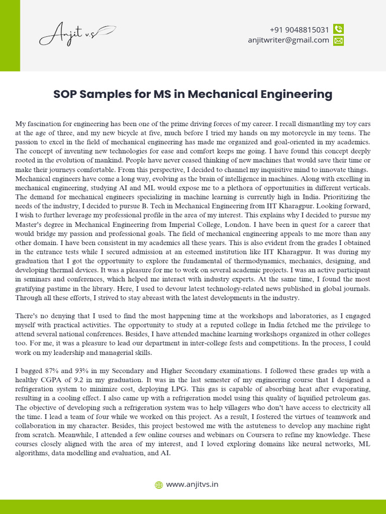 SOP Samples for MS in Mechanical Engineering | PDF | Artificial ...