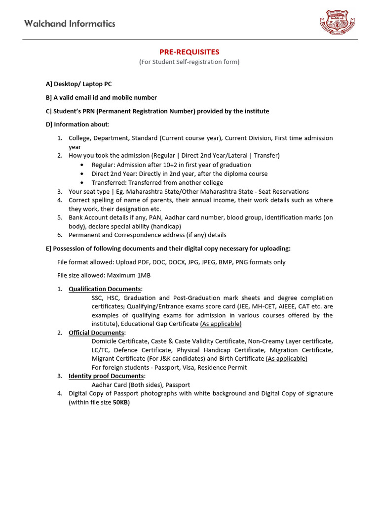 Pre-Requisites Selfregistration | PDF